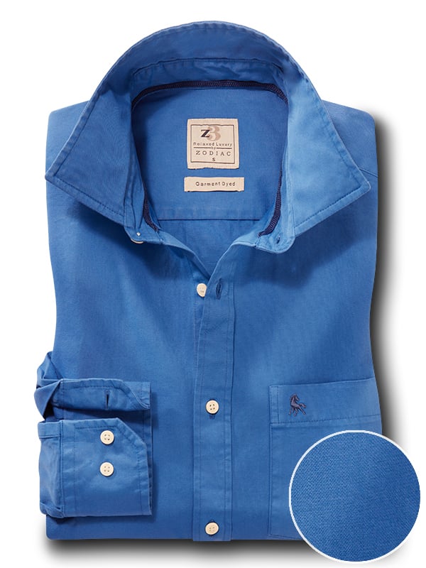 Gavi Twill Garment Dyed Blue Solid Full Sleeve Tailored Fit Casual Cot ...