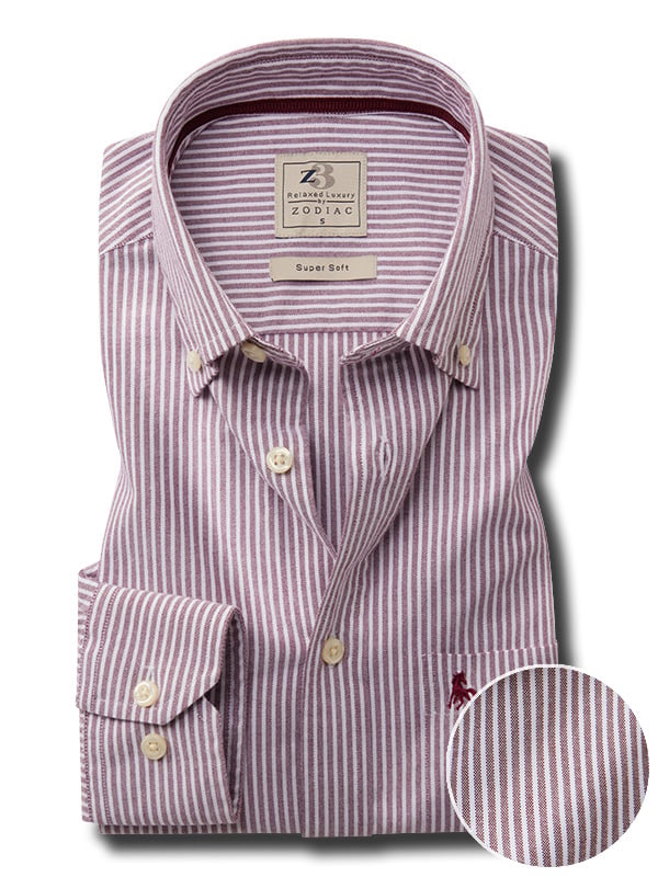 Keegan Oxford Red Striped Full Sleeve Tailored Fit Casual Cotton Shirt ...